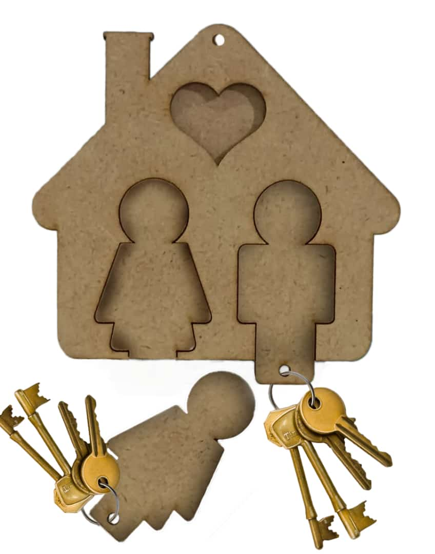 LLAVERO Y PORTA LLAVE HOGAR FELIZ MDF CRUDO 9.5 CM X 8.5 CM - Real Essenze