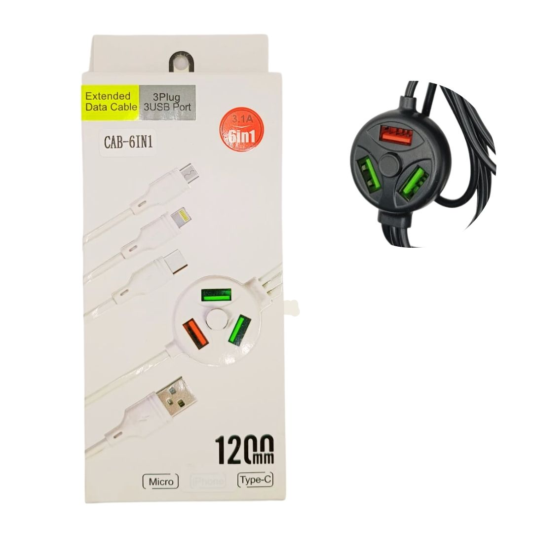 CABLE ADAPTADOR 6 EN 1 -3 USB HEMBRA+V8+C+IPH- - FOB MAYORISTA