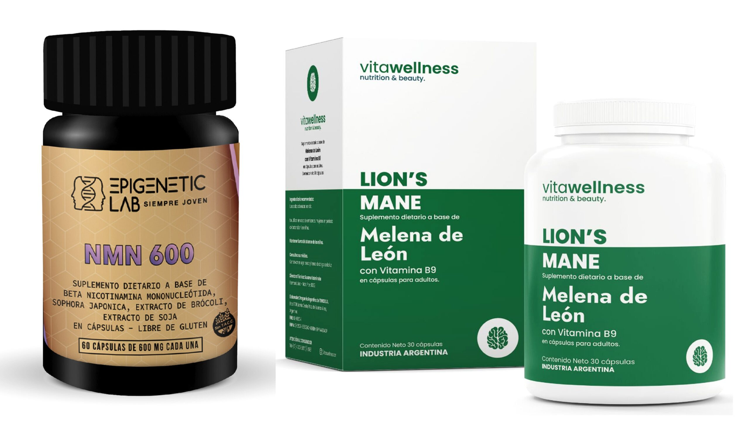 NMN 600 X 60 CAPSULAS DE 600 MG SIN TACC + MELENA DE LEON CON VIT B9 X 30 CAPSULAS - EPIGENETIC ...